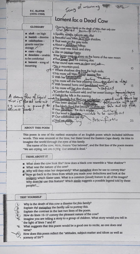 Solved: SLATER (1876-1958) Lament for a Dead Cow GLOSSARY Chanr by ...