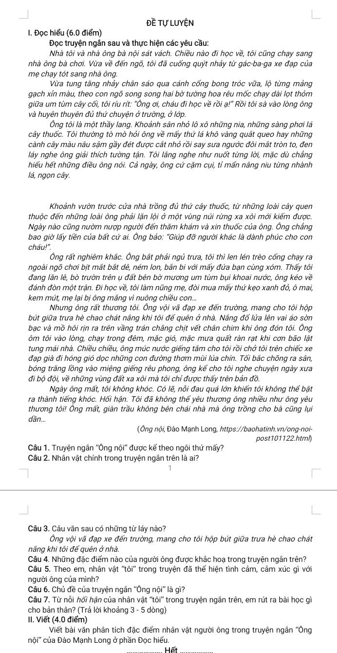 Giải quyết:Đề Tự LUyện I. Đọc hiểu (6.0 điểm) Đọc truyện ngắn sau và ...