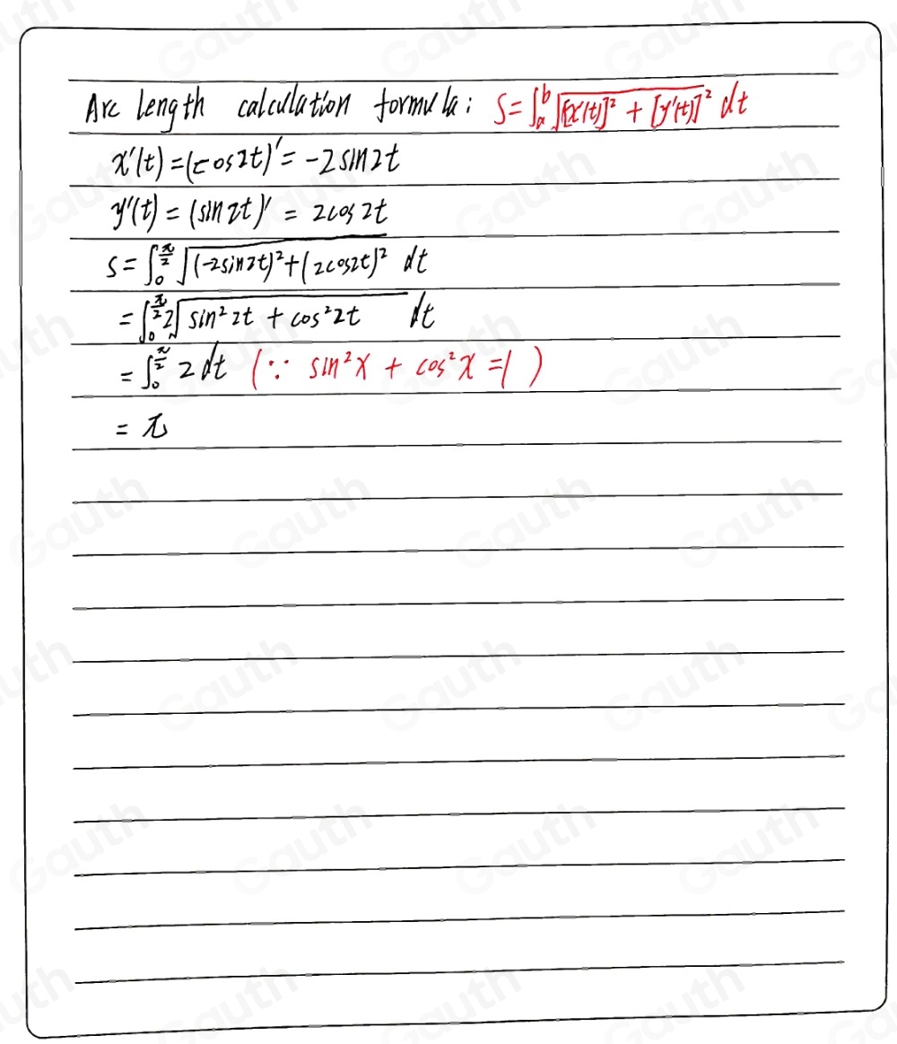 Solved: Find the exact arc length of the parametric curve x=cos 2t, y ...