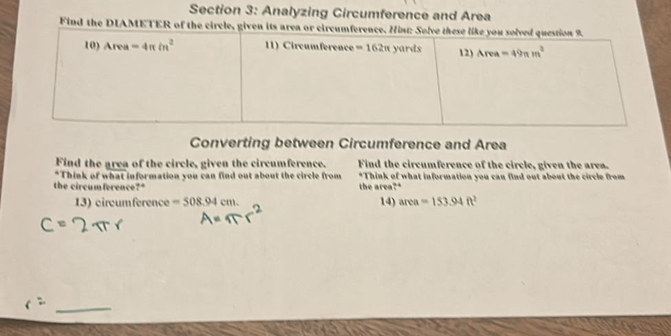 Solved: Analyzing Circumference and Area Find the DIAMETER of the ...