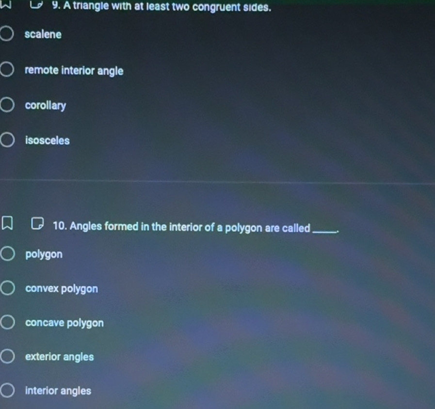 Solved: A triangle with at least two congruent sides. scalene remote ...