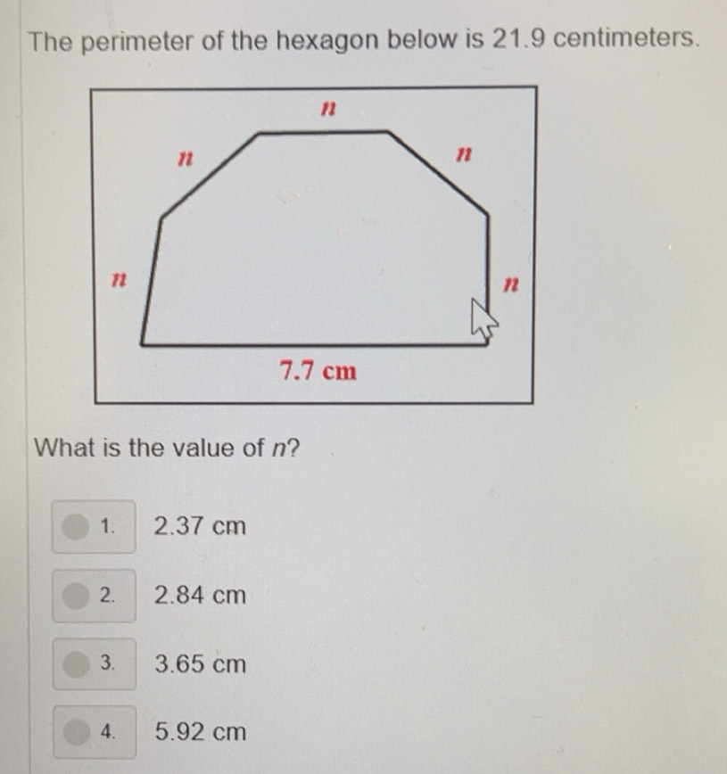 Solved: The perimeter of the hexagon below is 21.9 centimeters. What is ...