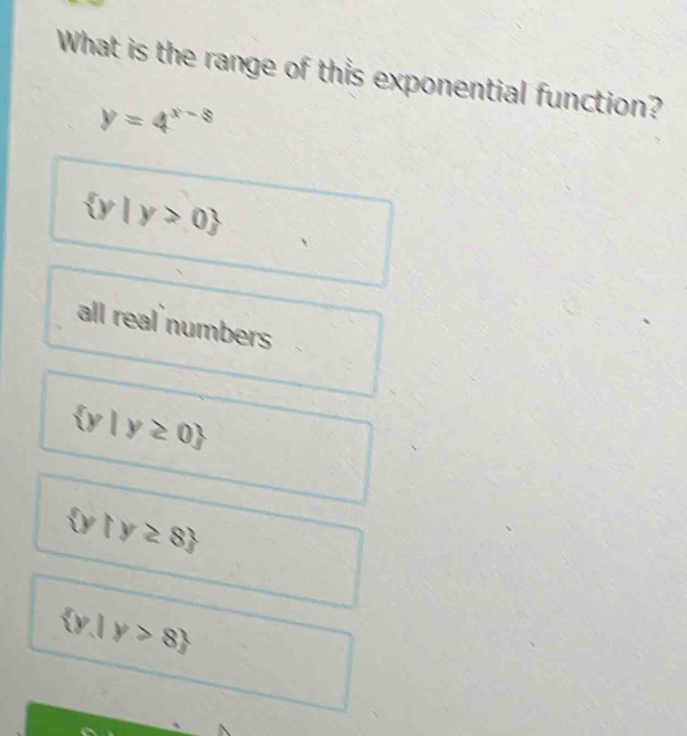 Solved: What is the range of this exponential function? y=4^(x-8) y|y>0 ...