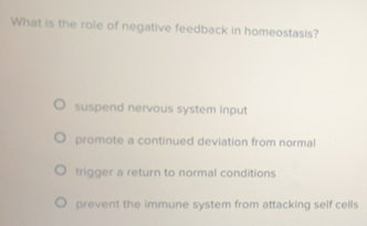 Solved: What is the role of negative feedback in homeostasis? suspend ...