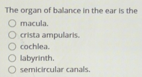 Solved: The organ of balance in the ear is the crista ampularis ...