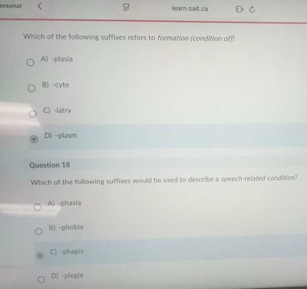 Solved: ersonal learn.sait.ca Which of the following suffixes refers to ...