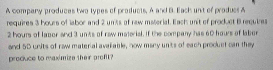 Solved: A company produces two types of products, A and B. Each unit of ...