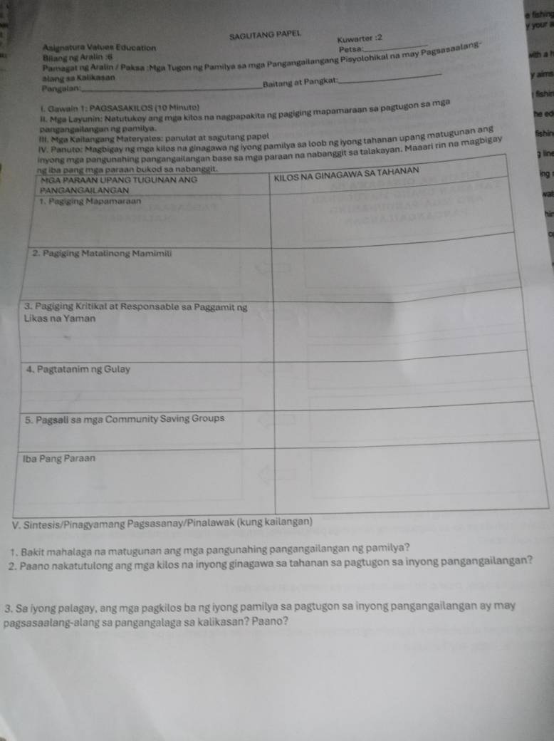 Solved: fishing your Asignatura Values Education SAGUTANG PAPEL Kuwarter :2 Biiang ng Aralin ...