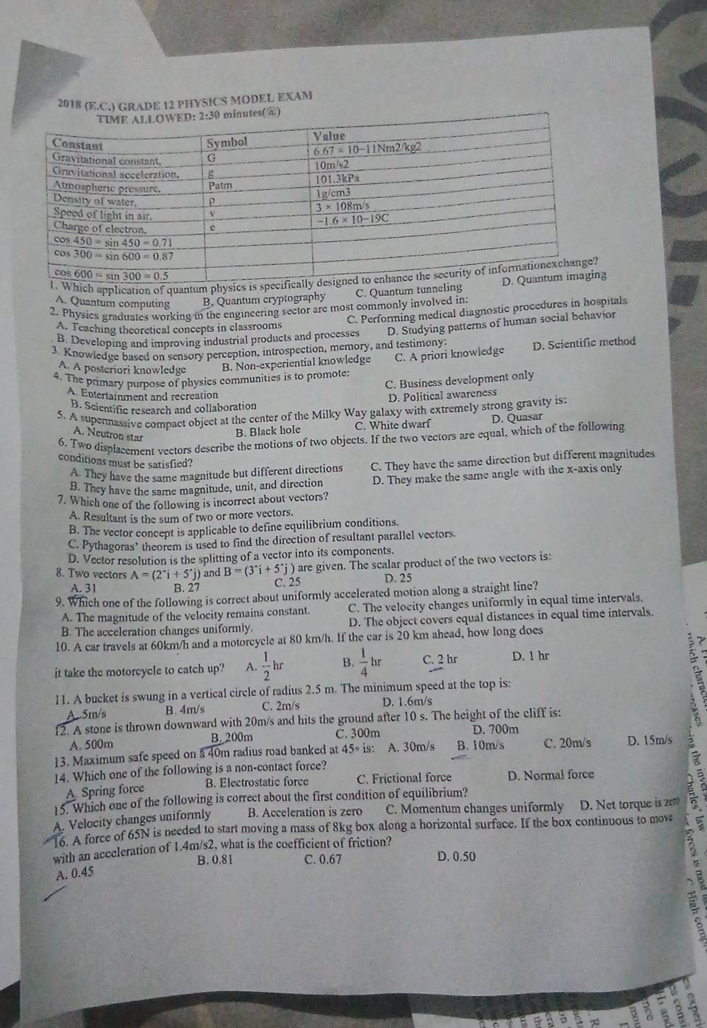 Gelöst:2018 (E.C.) GRADE 12 PHYSICS MODEL EXAM minutes(@) quantum ...