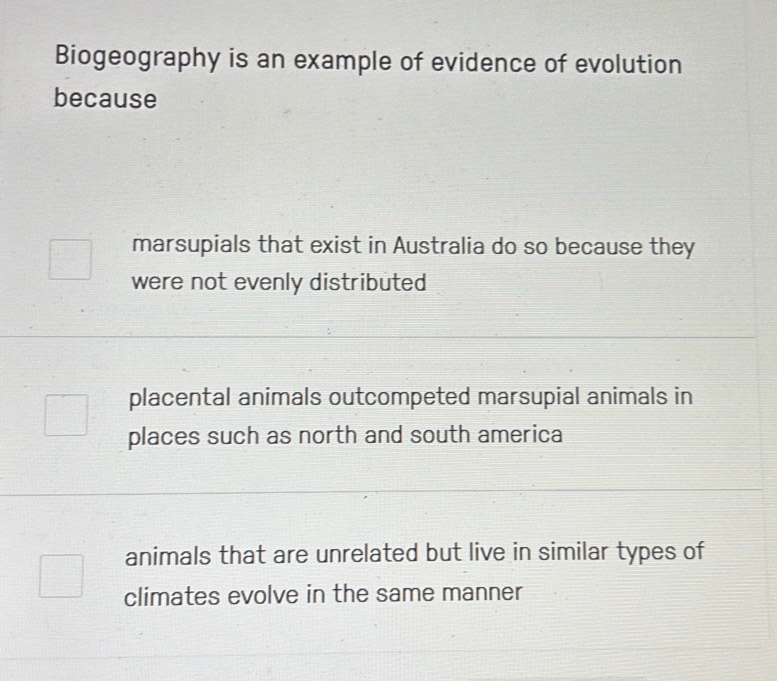 Solved: Biogeography is an example of evidence of evolution because ...