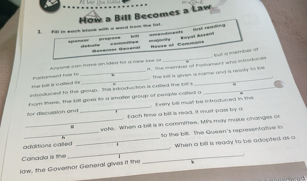 Solved: Af ber You Read W. E How a Bill Becomes a Law 1. Fill in each ...