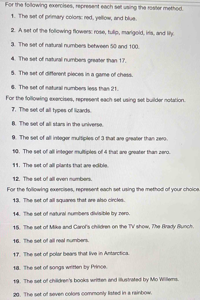 Solved: For the following exercises, represent each set using the ...
