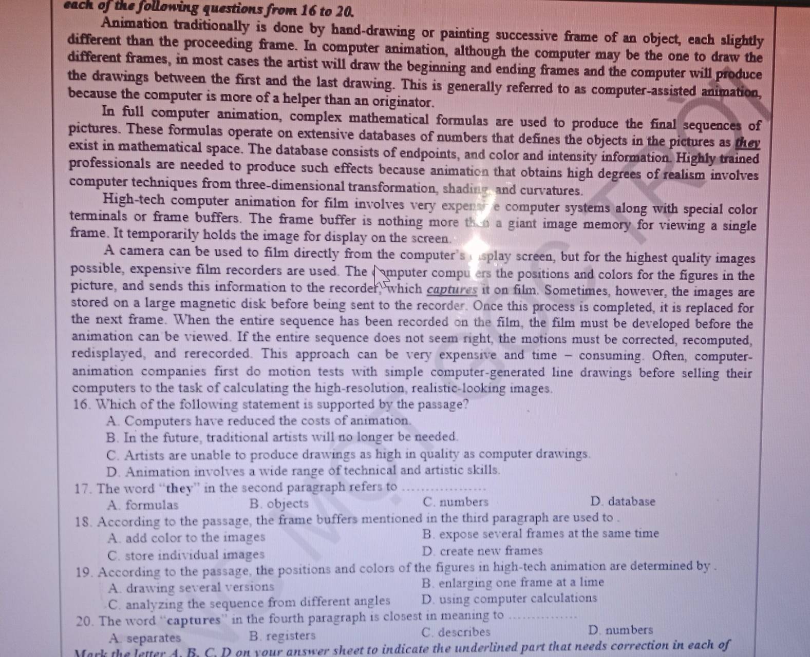 Giải quyết:each of the following questions from 16 to 20. Animation ...