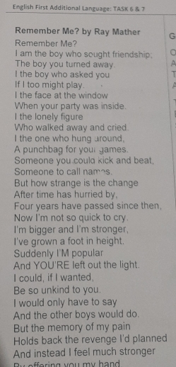 Solved: English First Additional Language: TASK 6 & 7 Remember Me? by ...