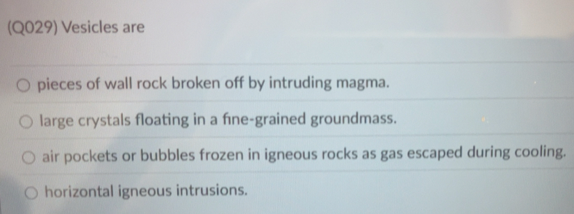 Solved: (Q029) Vesicles are pieces of wall rock broken off by intruding ...