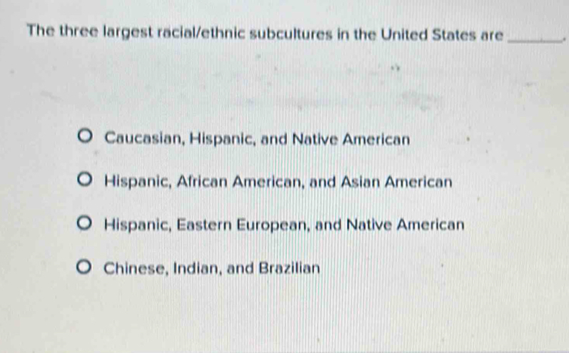 Solved: The three largest racial/ethnic subcultures in the United ...