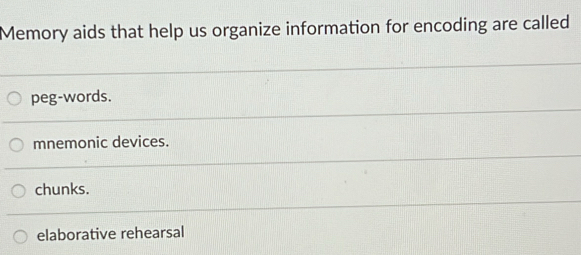 Solved: Memory aids that help us organize information for encoding are ...