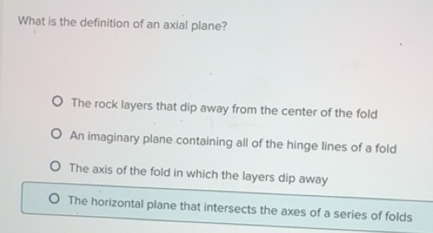 Solved: What is the definition of an axial plane? The rock layers that ...
