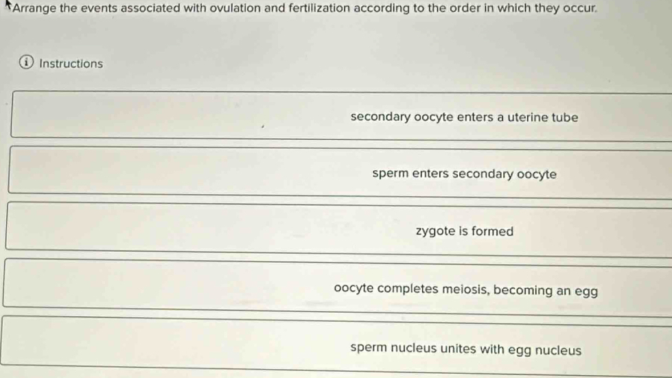 Solved: Arrange the events associated with ovulation and fertilization ...