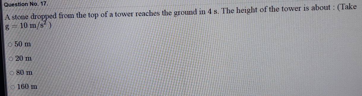Solved: Question No. 17. A stone dropped from the top of a tower ...
