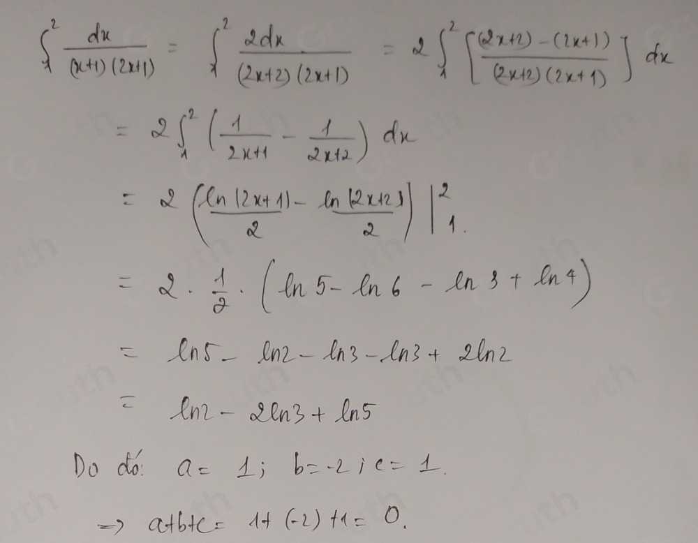 Solved: Biết ∈tlimits _1^(2frac dx)(x+1)(2x+1)=aln 2+bln 3+cln 5, (a;b;c∈ Q). Tính giá trị a+b+c ...