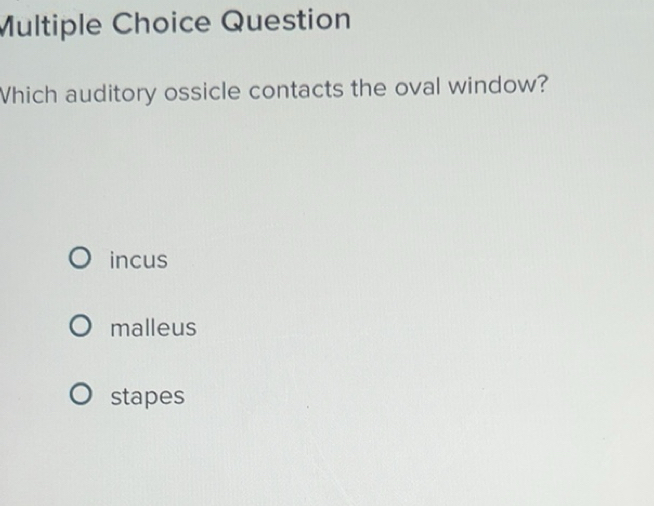 Solved: Question Which auditory ossicle contacts the oval window? incus ...