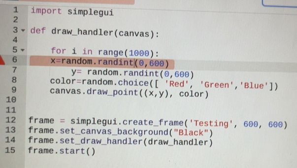 Solved: import simplegui 2 3 def draw_handler(canvas): 4 5 for i in ...