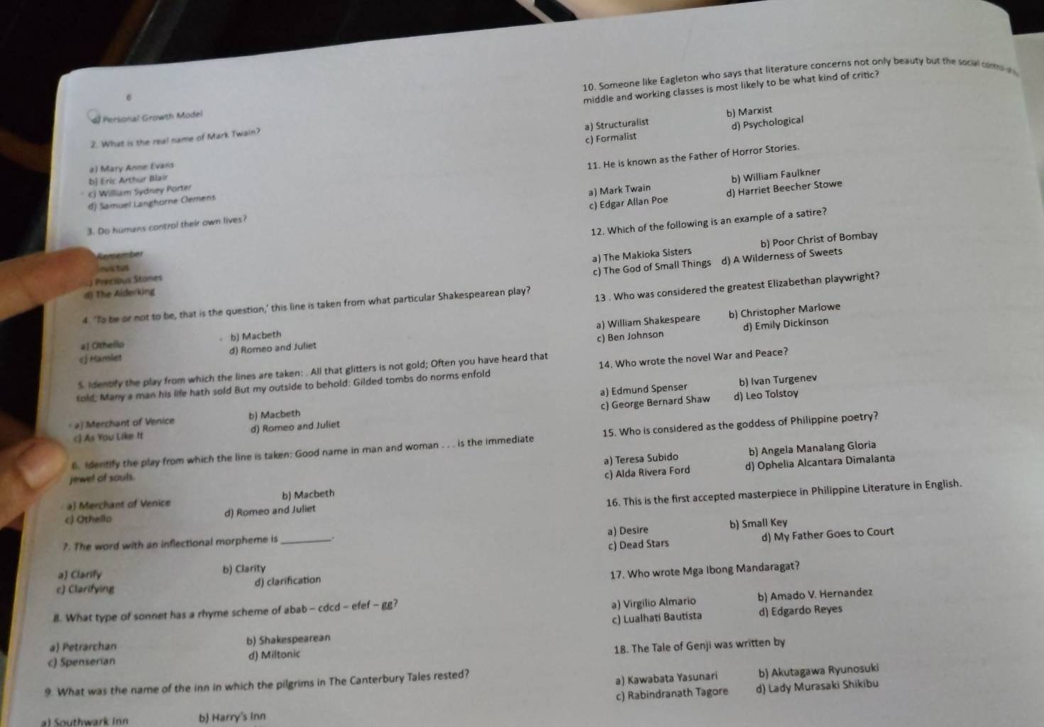 Solved: d Personal Growth Model 10. Someone like Eagleton who says that ...