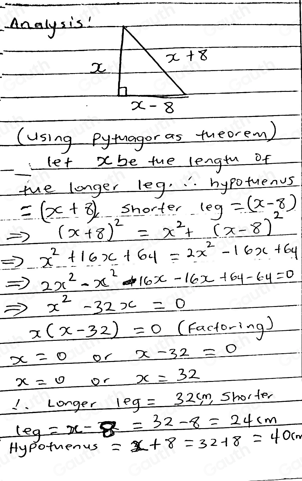 Solved: The shorter leg of a right triangle is 8 cm shorter than the ...