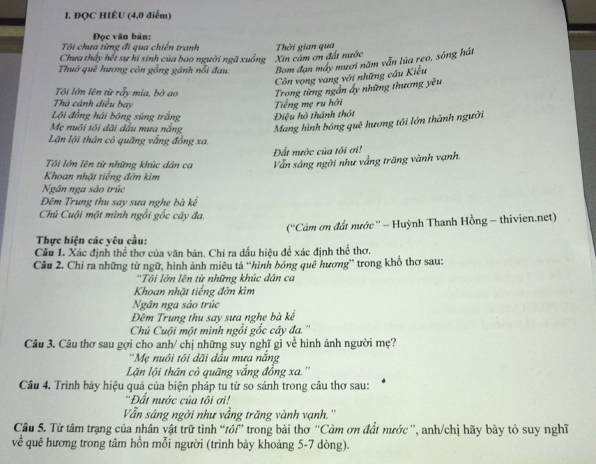 Giải quyết:ĐQC HIÈU (4,0 điểm) Đọc văn bản: Tôi chưa từng đi qua chiến ...