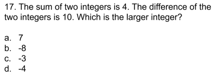 Solved: The sum of two integers is 4. The difference of the two ...