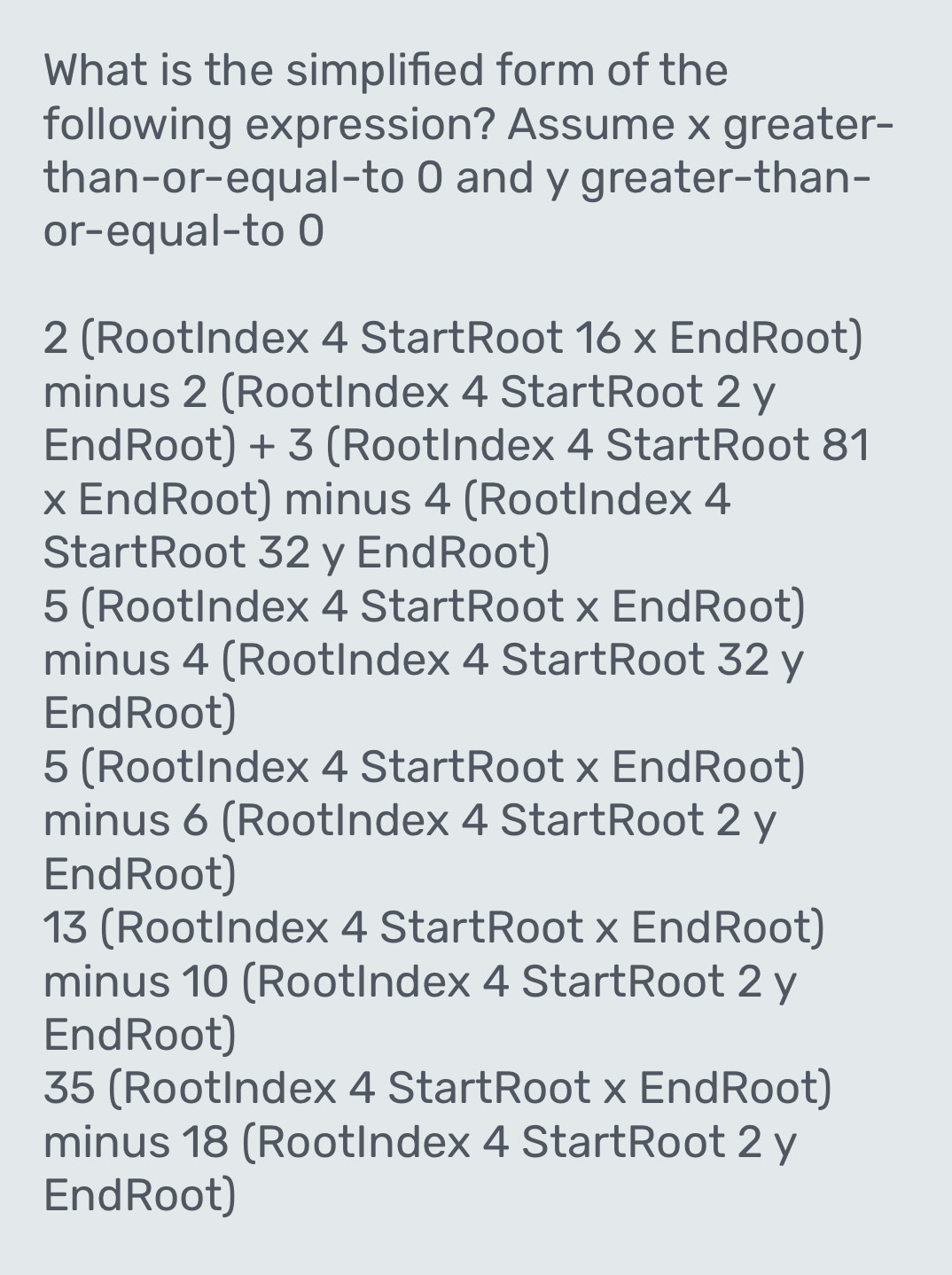 Solved: What is the simplified form of the following expression? Assume x greater- than-or-equal ...