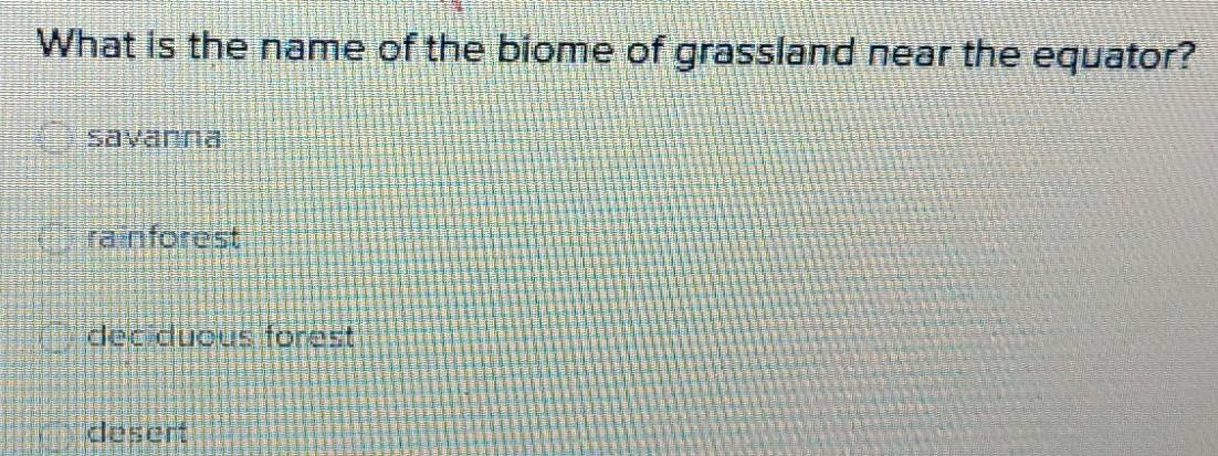 Solved: What is the name of the biome of grassland near the equator ...