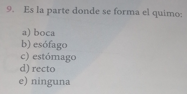 Resuelto:Es la parte donde se forma el quimo: a) boca b) esófago c ...