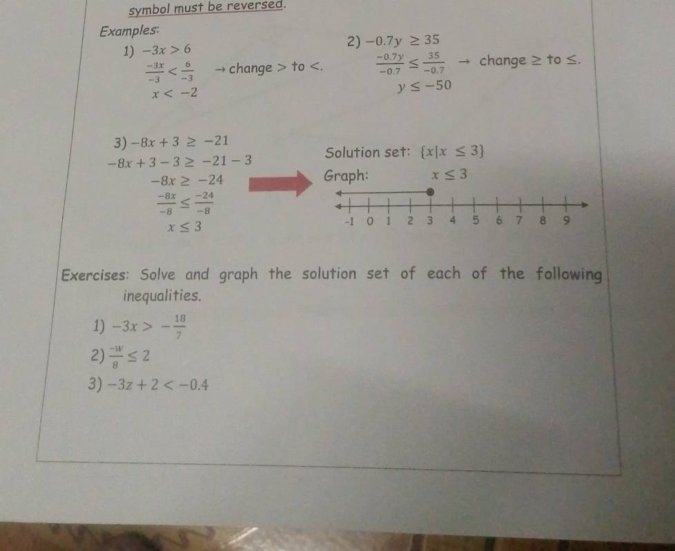 Solved: symbol must be reversed. Examples: 2) -0.7y≥ 35 1) -3x>6 (-3x ...