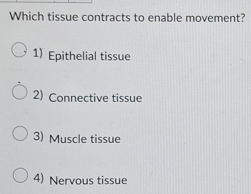 Solved: Which tissue contracts to enable movement? 1) Epithelial tissue ...