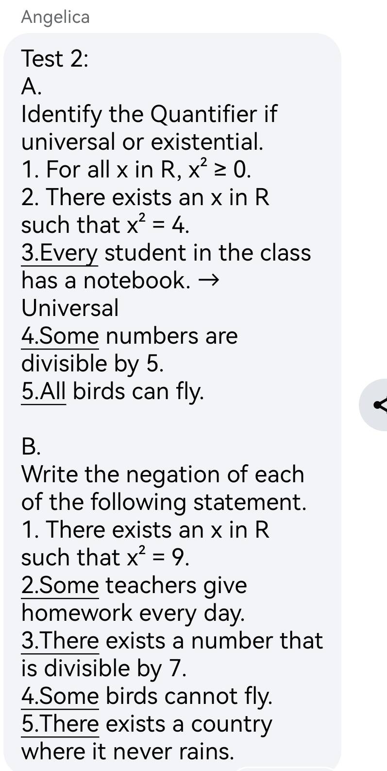 Solved: Angelica Test 2: A. Identify the Quantifier if universal or ...