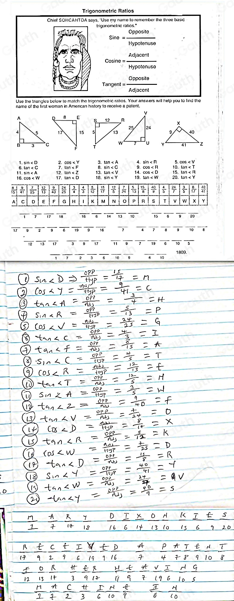 Solved: Trigonometric Ratios Chief SOHCAHTOA says, "Use my name to ...