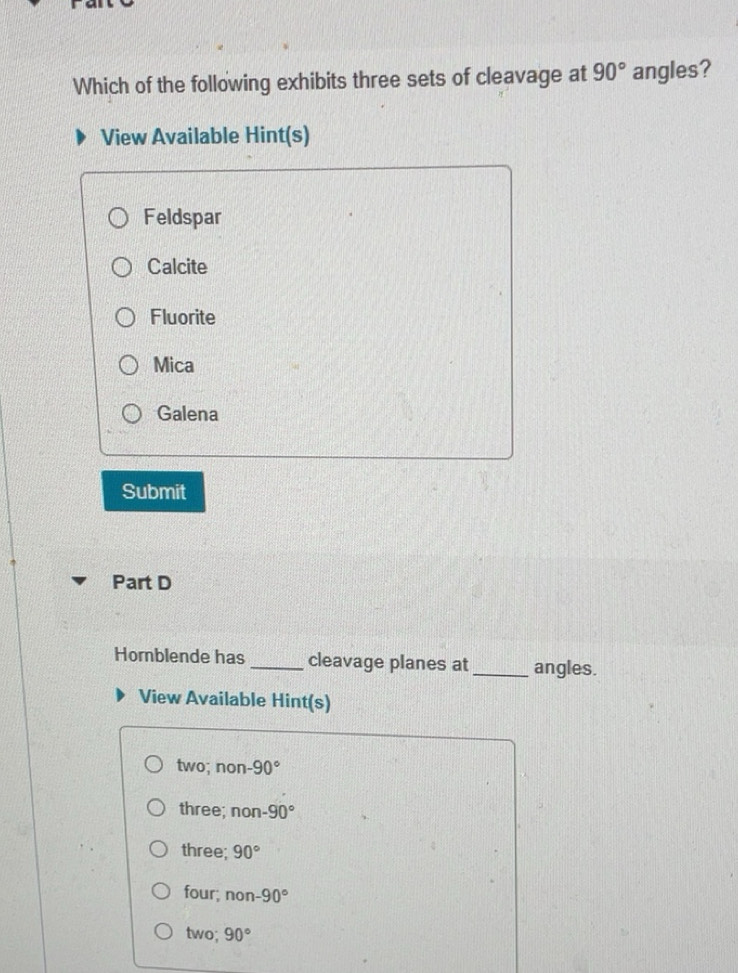 Solved: Which of the following exhibits three sets of cleavage at 90 ...