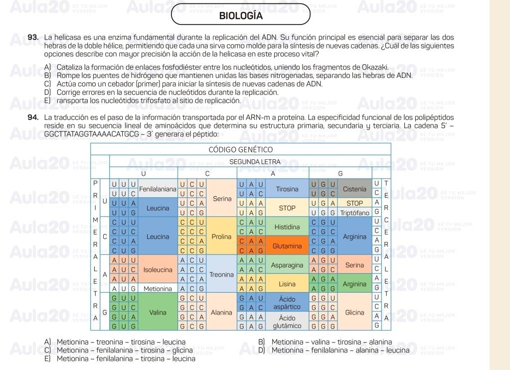 Resuelto:Aula 20 m Aul bIologÍA 93. La helicasa es una enzima ...