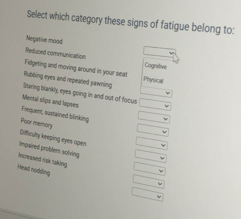 Solved: Select which category these signs of fatigue belong to ...