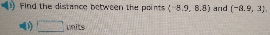 Solved: Find the distance between the points (-8.9,8.8) and (-8.9,3). u ...