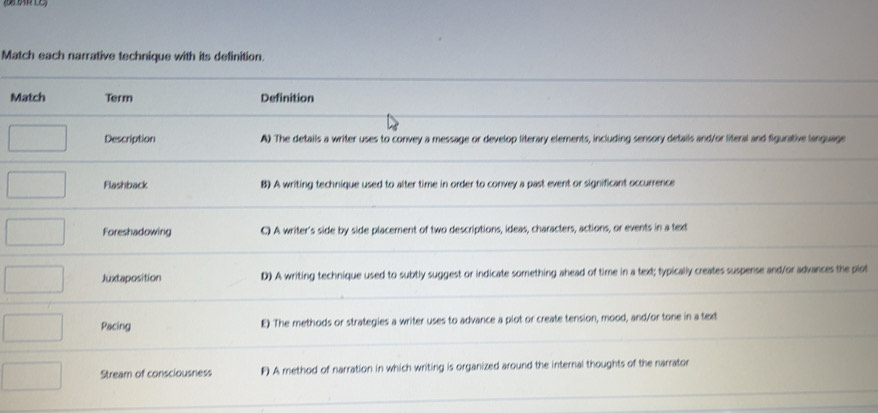 Solved: Match each narrative technique with its definition. Match Term ...