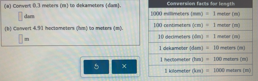 Solved: Convert 0.3 meters (m) to dekameters (dam).Conversion facts for ...