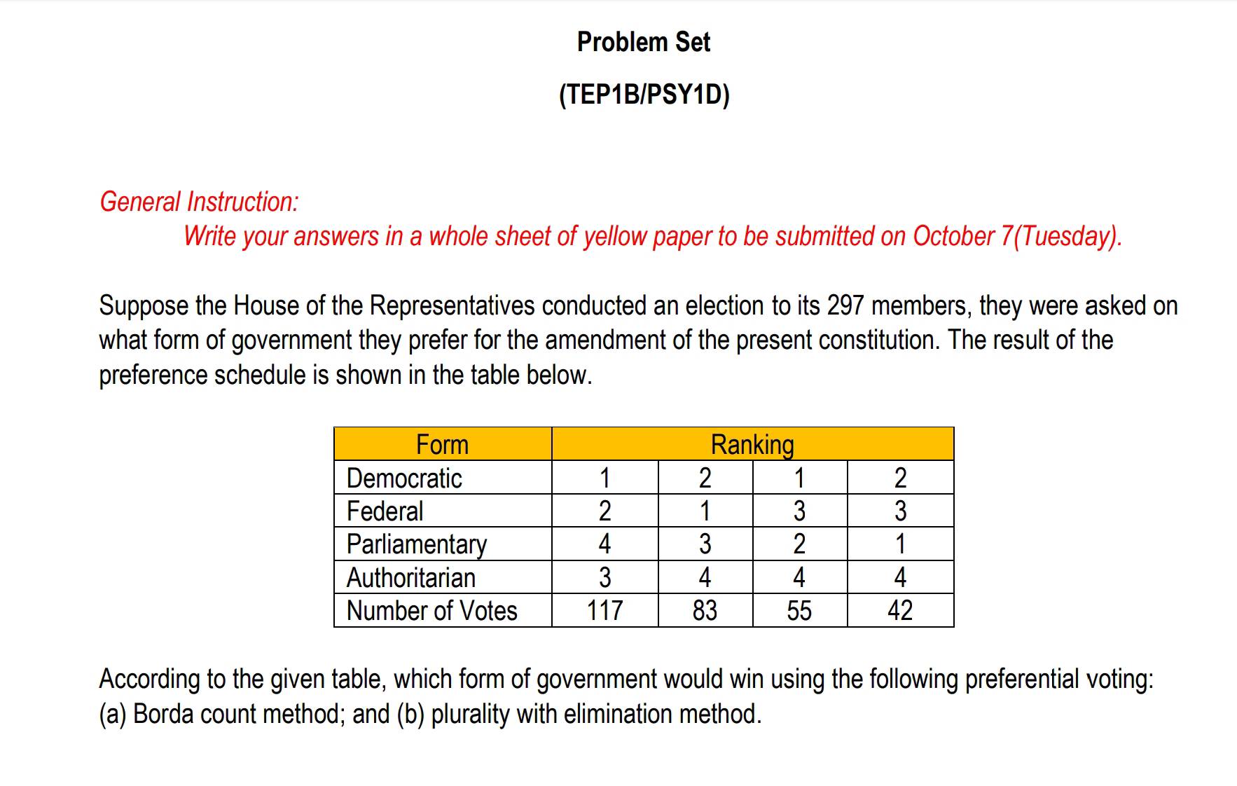 Solved: Problem Set (TEP1B/PSY1D) General Instruction: Write your ...