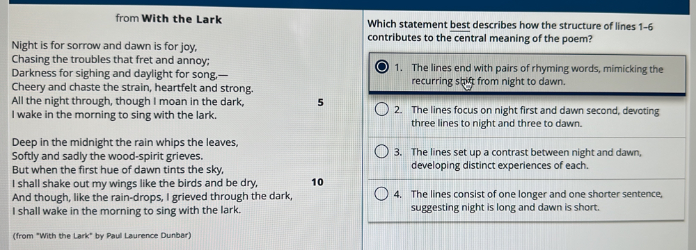 Solved: from With the Lark Which statement best describes how the ...