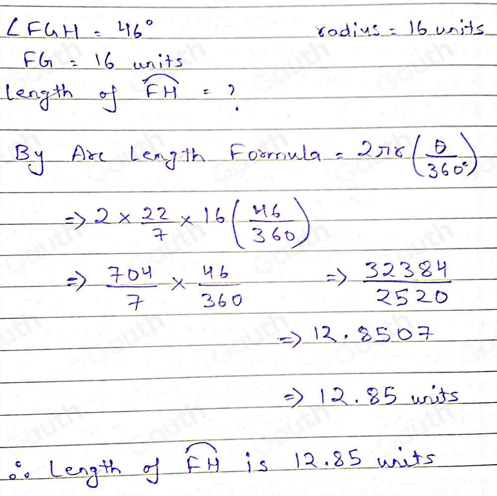 Solved: In circle G with m∠ FGH=46 and FG=16 units s, find the length ...