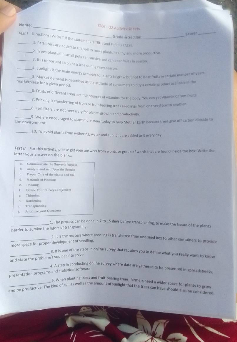 Solved: Name: _TLE6 - Q2 Activity Sheets Score: _ Grade & Section ...