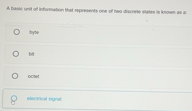 Solved: A basic unit of information that represents one of two discrete ...