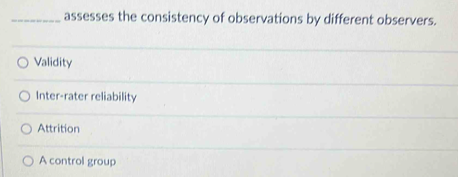 Solved: assesses the consistency of observations by different observers. Validity Inter-rater ...